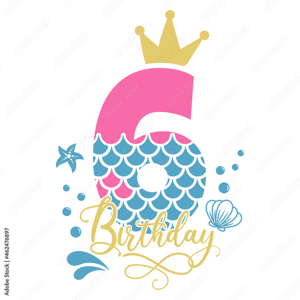 Mermaid Birthday Number 6 Monogram design Mermaid six Stock Vector ...