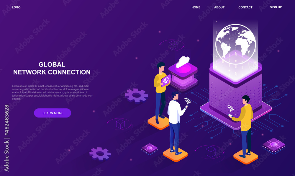 Global network connection. People communicate at work, online meeting ...
