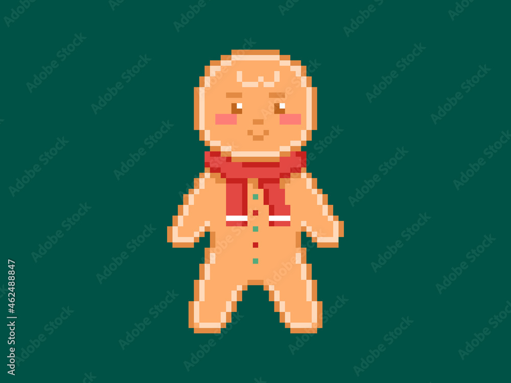 Pixel art full body Gingerbread classic cookie man in a scarf. Vector 8 ...