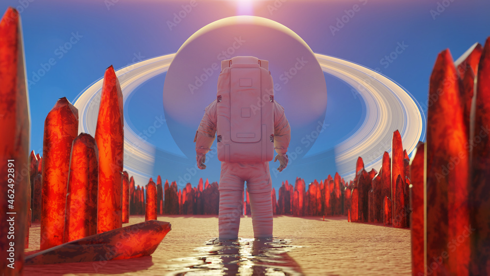 astronaut on alien planet, beautiful exoplanet landscape with giant ...