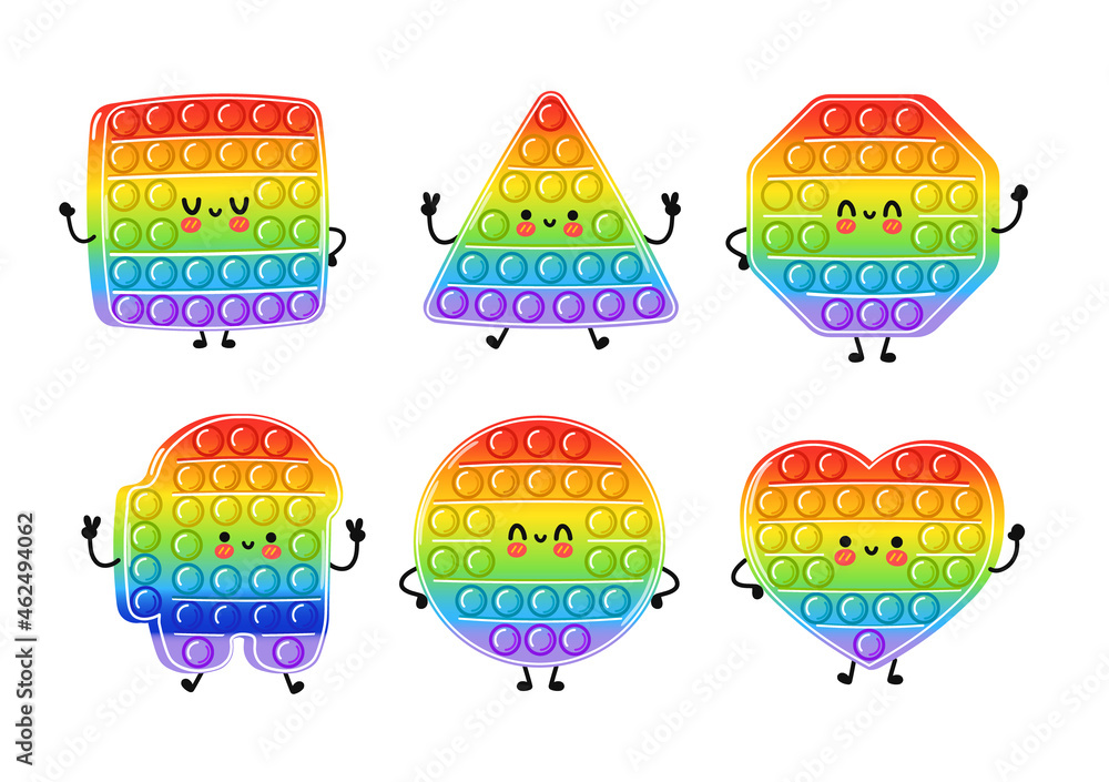 Funny cute happy Pop it characters bundle set. Vector kawaii line ...