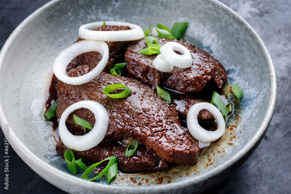 Modern style traditional Cuban dry aged angus bistec encebollado steak ...