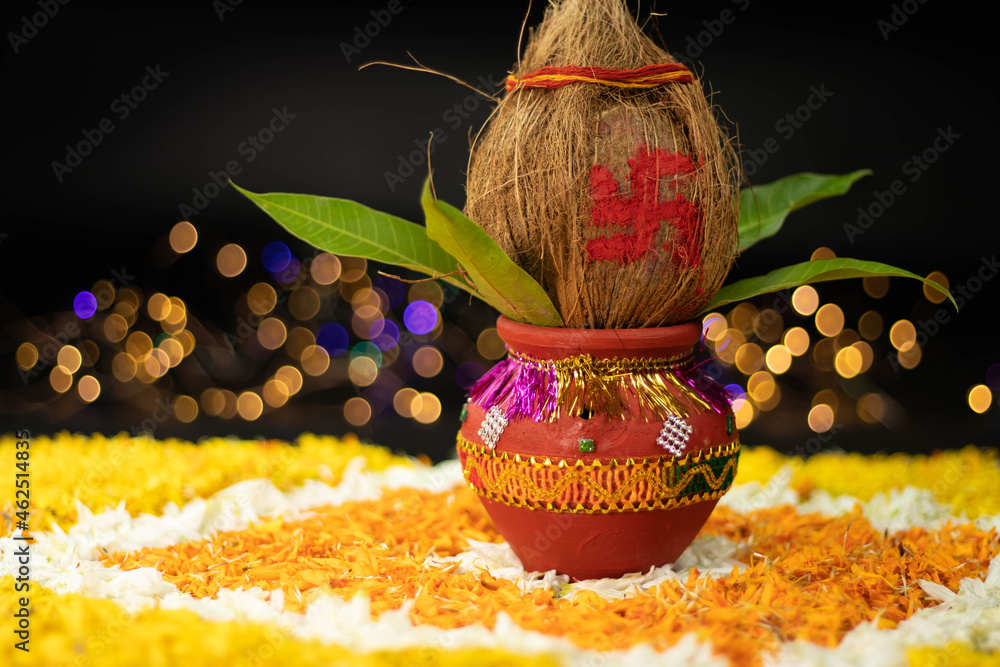 Terracotta Clay Pot Kalash Decorated With Coconut, Mango Leaf Placed On ...