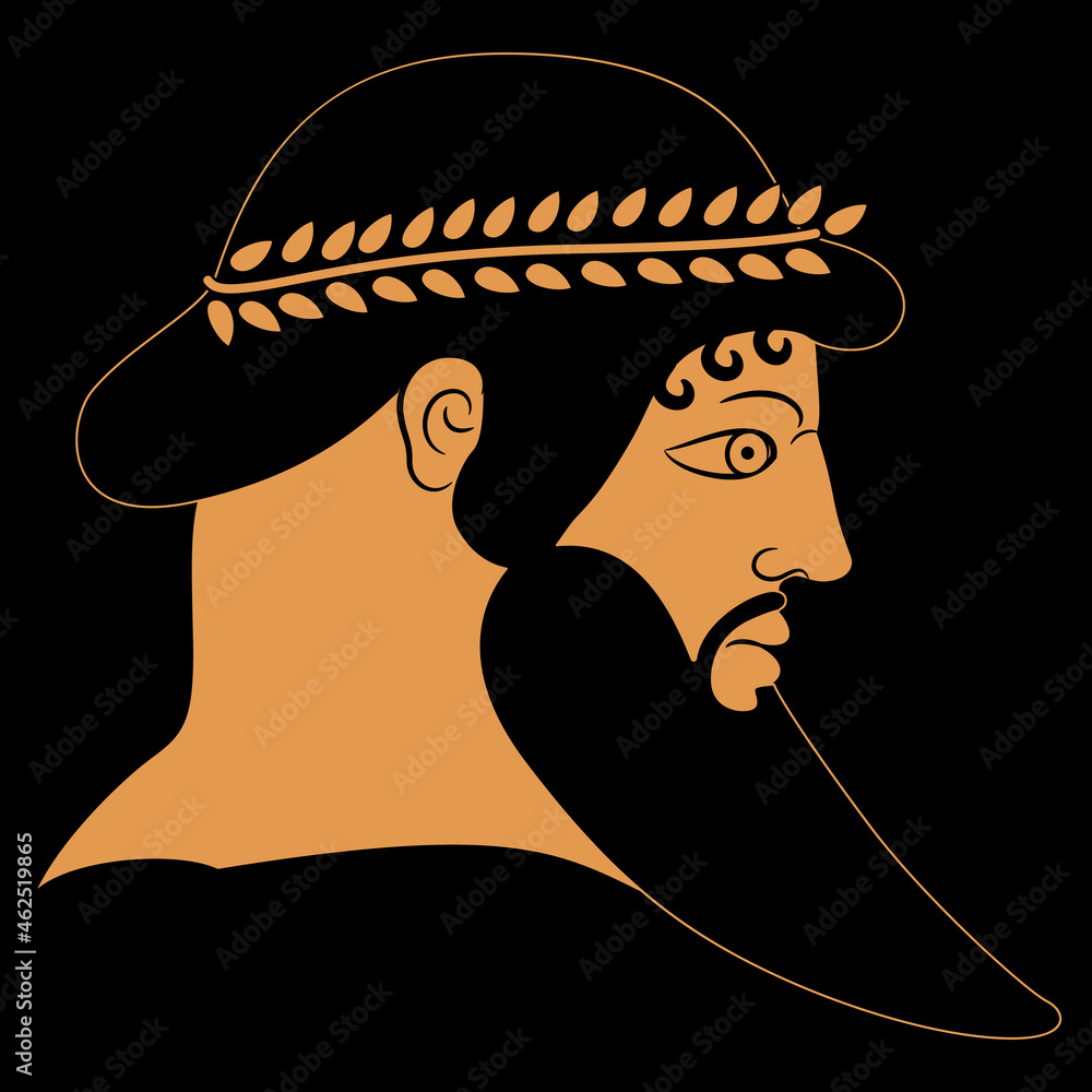 Head of a bearded ancient Greek man in profile wearing laurel wreath ...