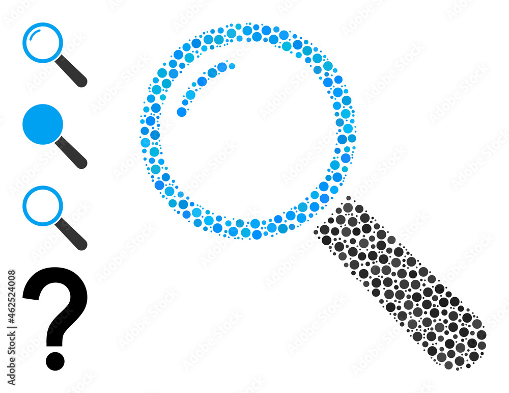 Rounded dot collage magnifier. Vector collage is based on magnifier ...