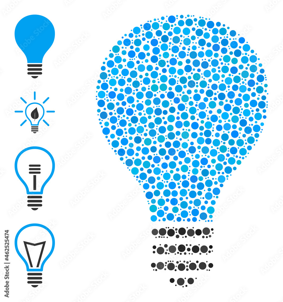 Rounded dot collage bulb. Vector collage is based on bulb icon, and ...