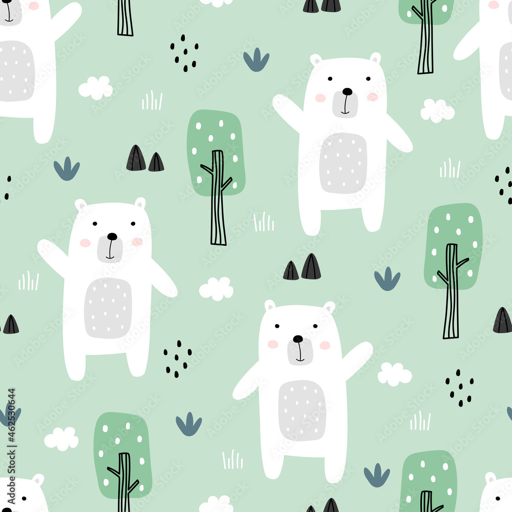 Cartoon animal background for kids seamless pattern with white bear and ...