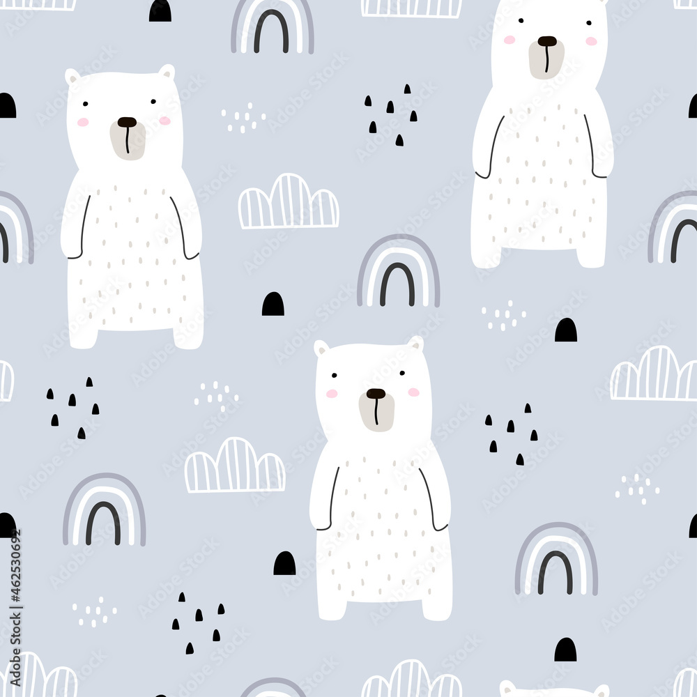 Cartoon animal background for kids seamless pattern with white bear and ...