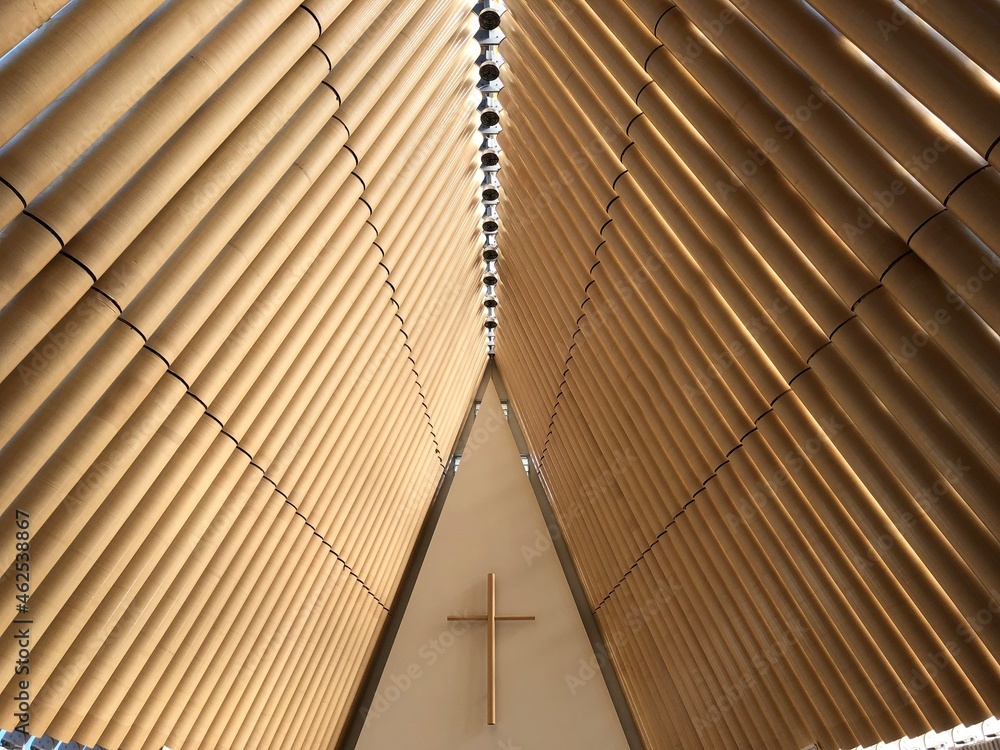 Christian Cross Sign with wooden beams reinforcing the church Stock ...