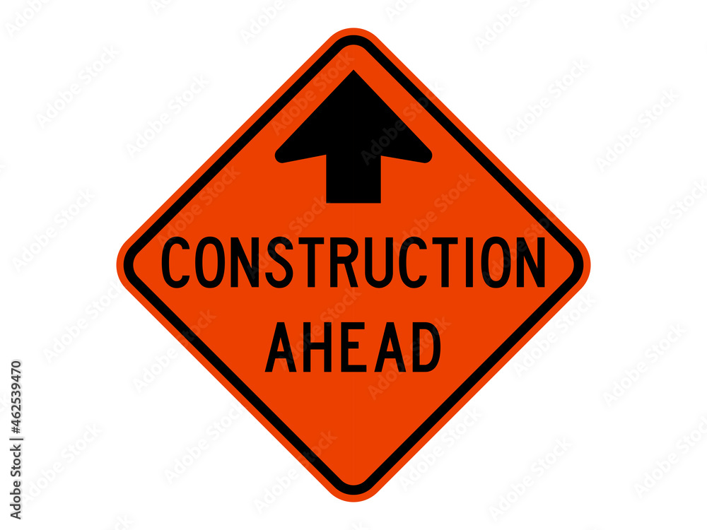 isolated road sign for construction is ahead with arrow on orange round ...