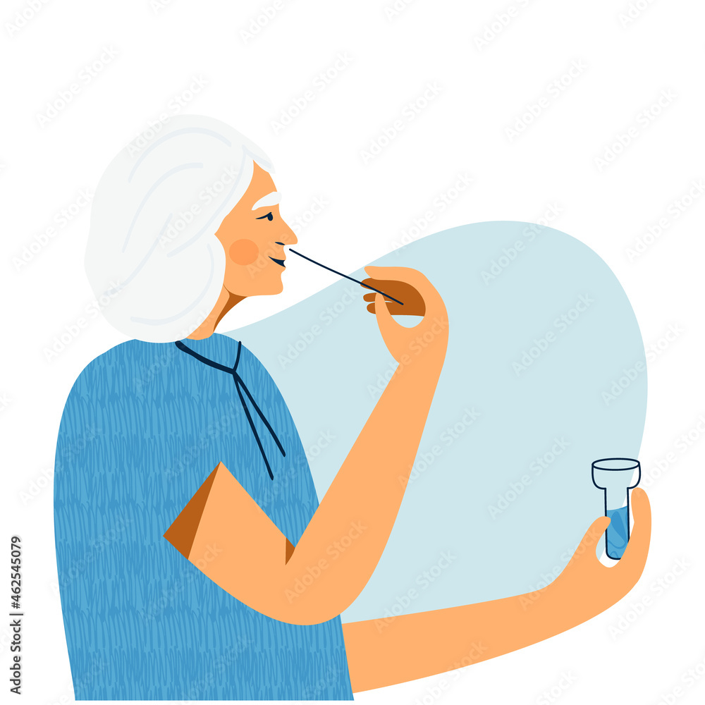 Covid nasal pcr swab rapid self test. Senior woman using antigen test ...