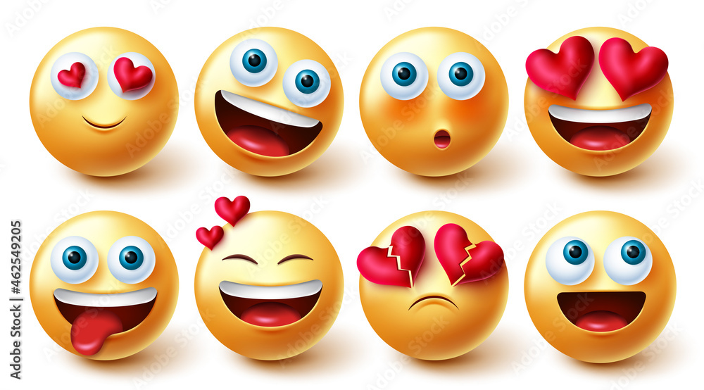 Smileys in love vector set. Smiley 3d love characters with hearts ...