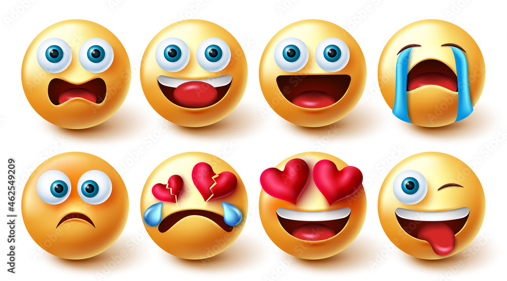 Smileys character vector set. Emoji characters funny, in love, upset ...