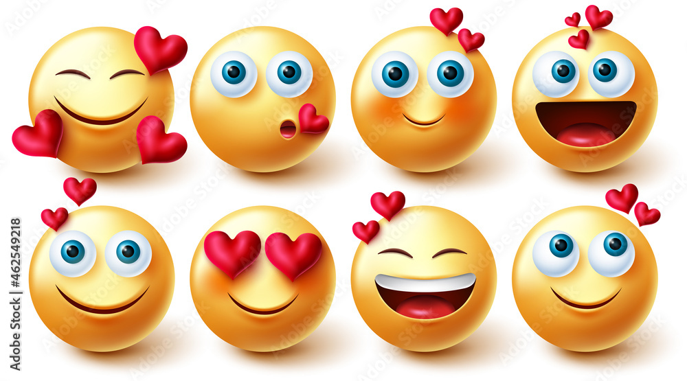 Smileys valentines emoji vector set. Inlove 3d emoji characters with ...