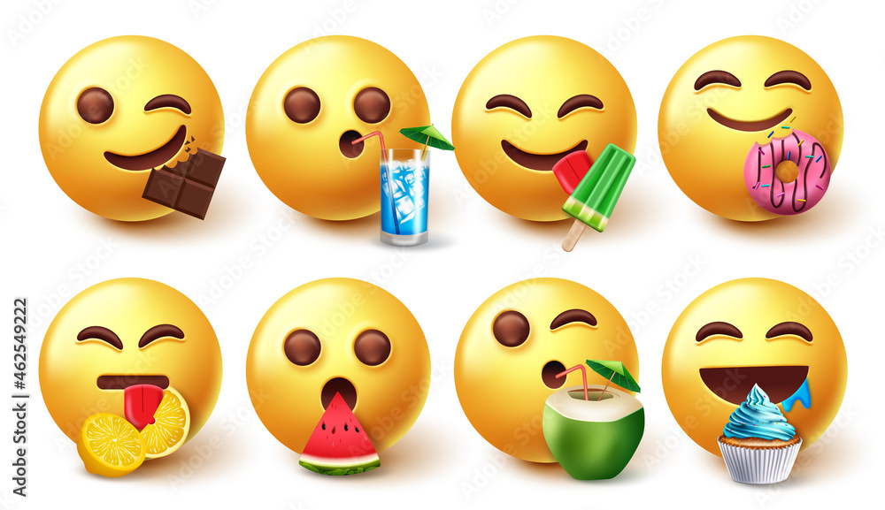 Smileys eating emoji vector set. Smiley emojis 3d eating and drinking ...