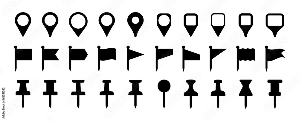 Pin map tag icon set. Push pinned and flag sign. Pin location tagging ...