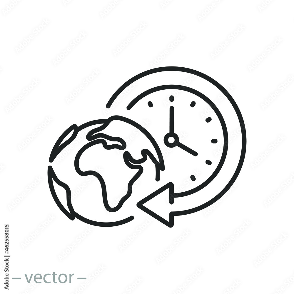 time zone icon, globe with clock, earth planet, hour delay, world timer ...