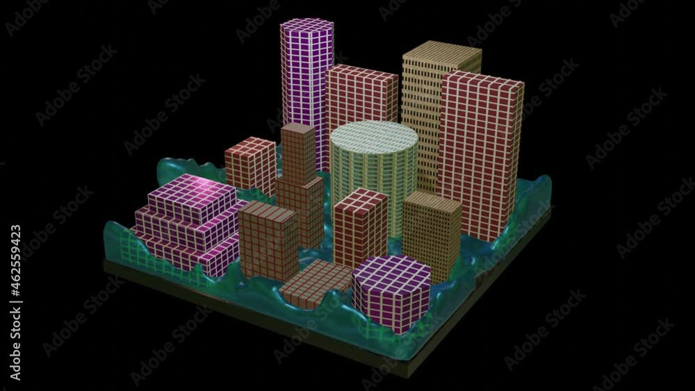 City flooding demonstrating flow of water around buildings. Flood plain ...