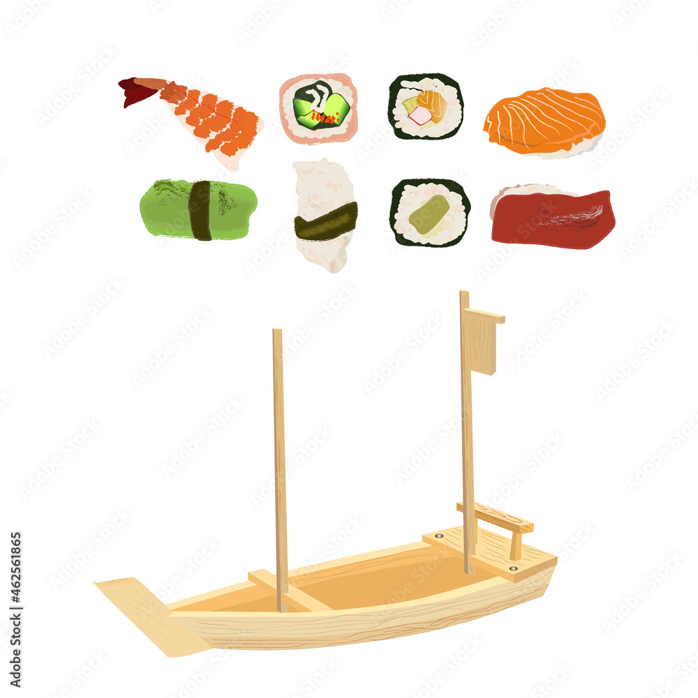 Vektorová grafika „Sushi set with wooden boat or sushi japanese chinese ...