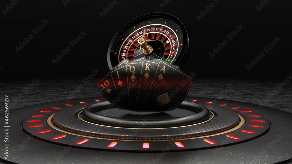 Roulette Wheel And Poker Cards With Royal Flash On Luxury Black Stage ...