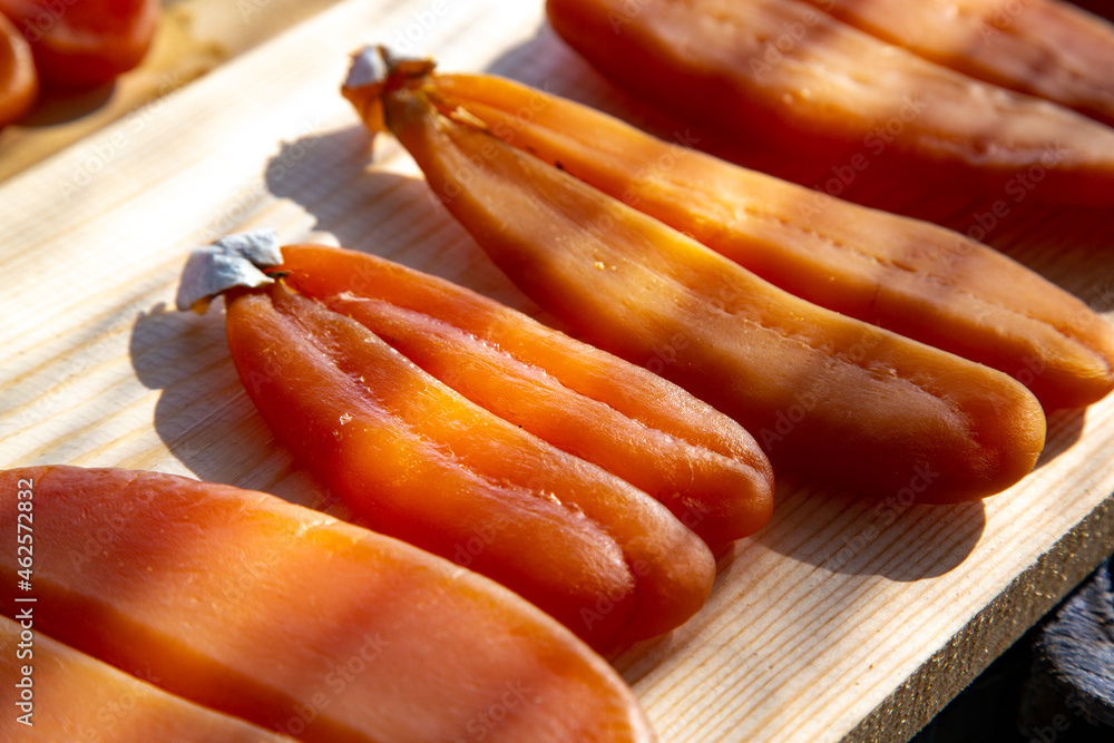 Sea mullet caviar. Drying process of caviar obtained from mullet caught ...