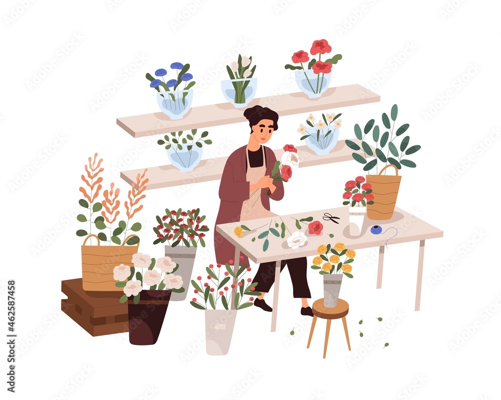 Florist making bouquet in flower shop. Woman at work in retail store ...