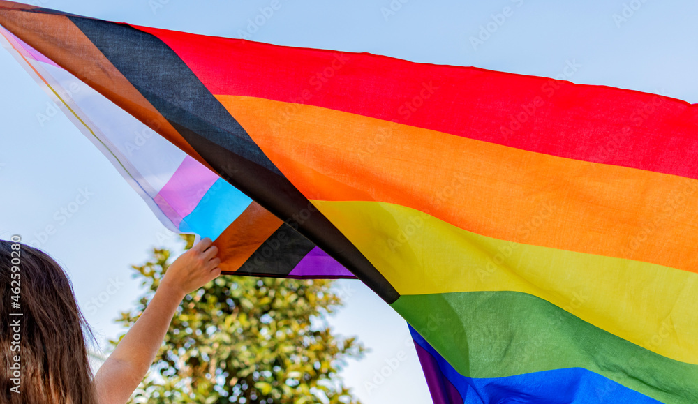 Young girl from behind, holding a Progress pride flag. Stock Photo ...