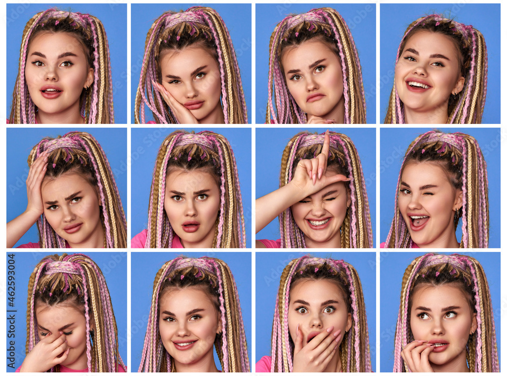 Collage of different facial expressions of young woman with dreadlocks ...
