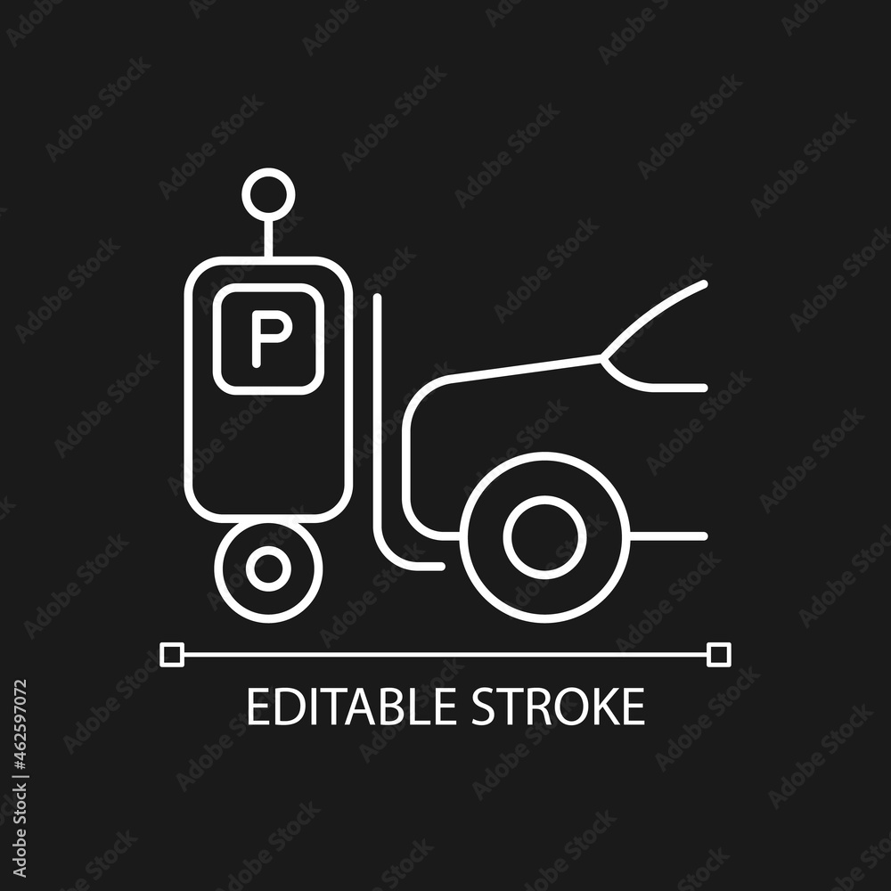 Parking robot white linear icon for dark theme. Self-driving forklift ...