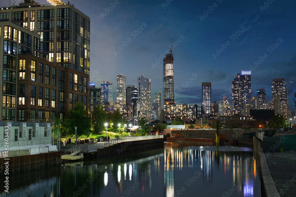Skyscraper, towers in Downtown Brooklyn seen from Gowanus Canal during ...