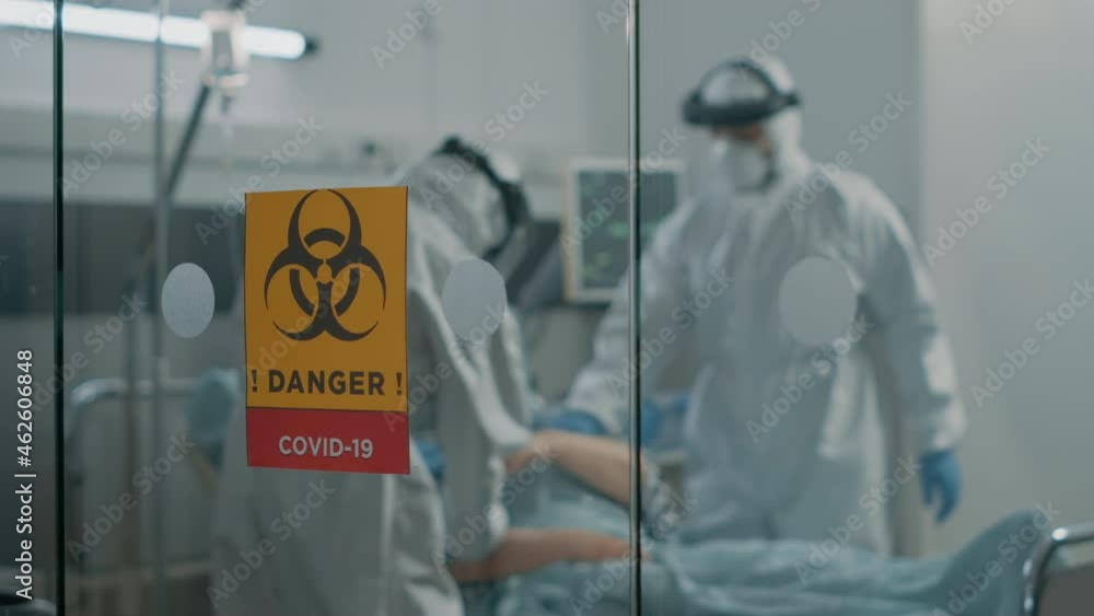 Hospital ward in coronavirus quarantine with danger sign. Lockdown area ...