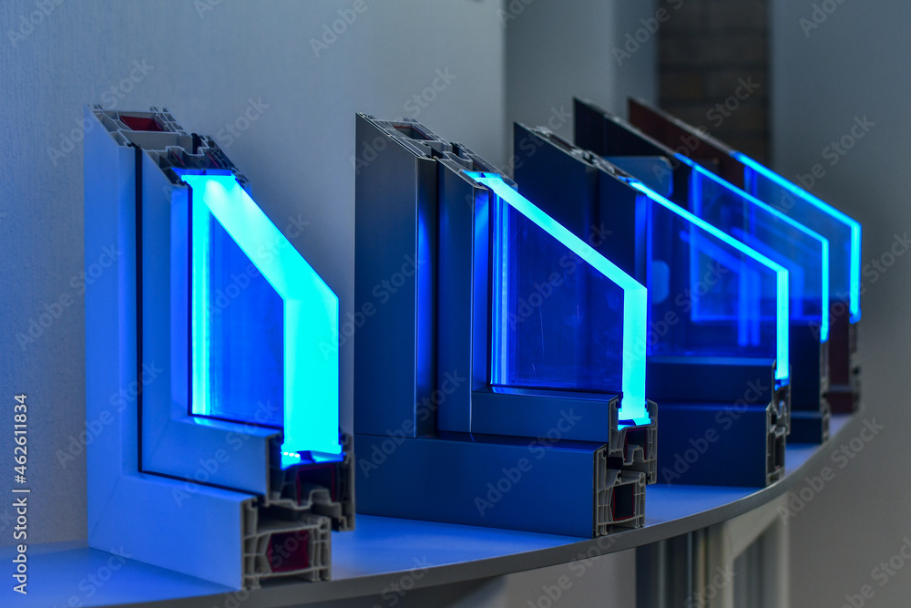 Different types of plastic window profiles PVC exhibited in store, with ...
