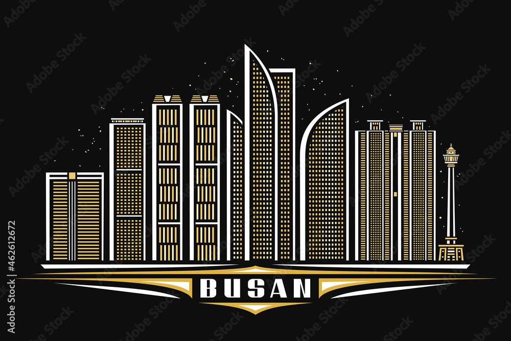 Vector illustration of Busan, dark horizontal poster with linear design ...