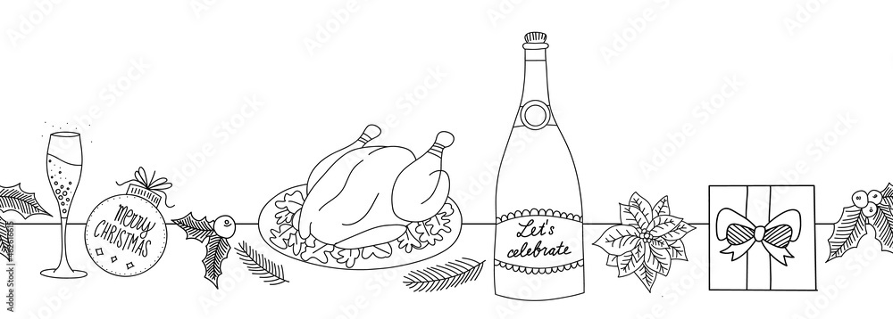 Holiday celebration seamless border hand drawn line art christmas party ...