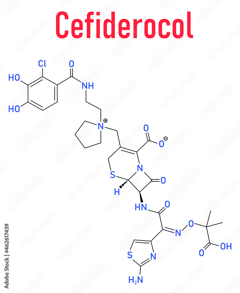 Cefiderocol antibiotic drug molecule (cephalosporin class). Skeletal ...