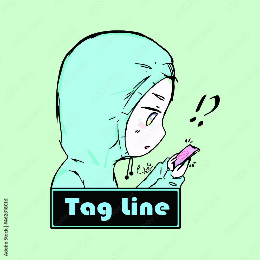 Cute and funny cartoon logo. Playing handphone. light blue background ...