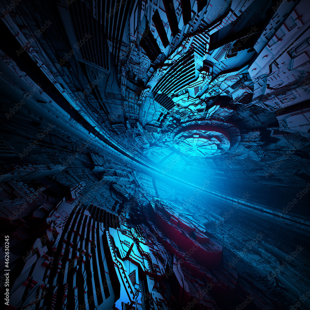 Inside of an alien spaceship. UFO interior design. Round architecture ...