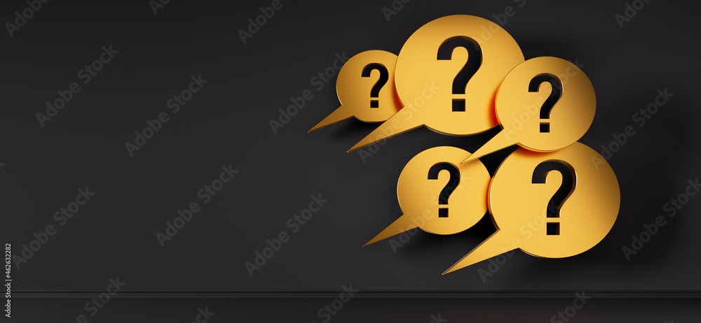 Five golden speech bubbles with question marks in front of a black wall ...