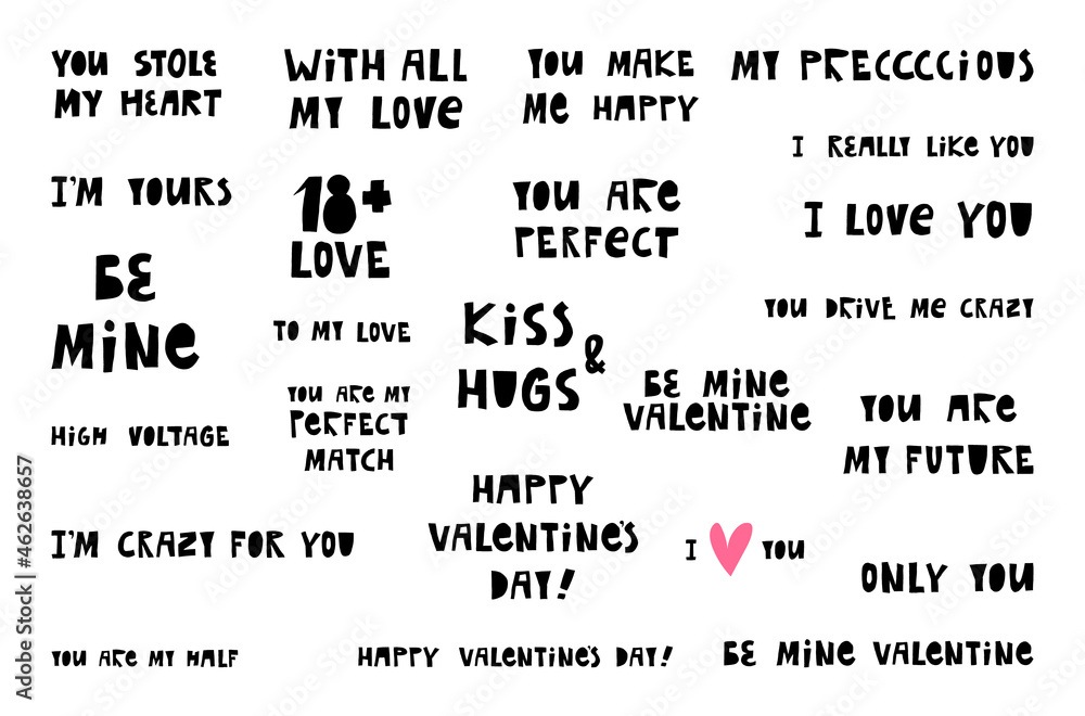 Valentine's Day greeting lettering set. Groovy handwritten text I love ...