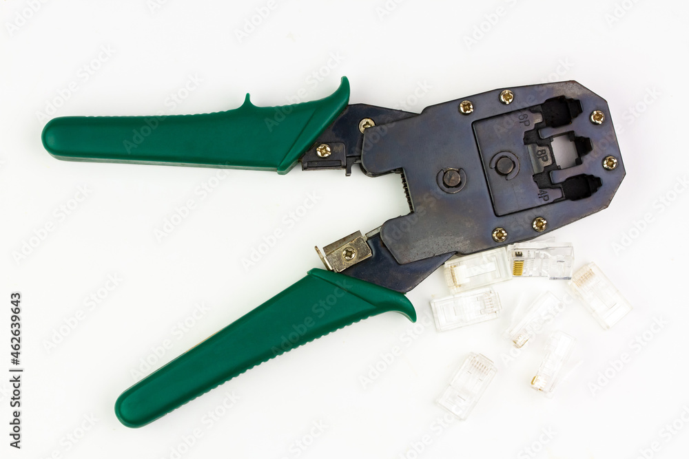 Modular plug crimper for RJ-45 and transparent connectors isolated on ...