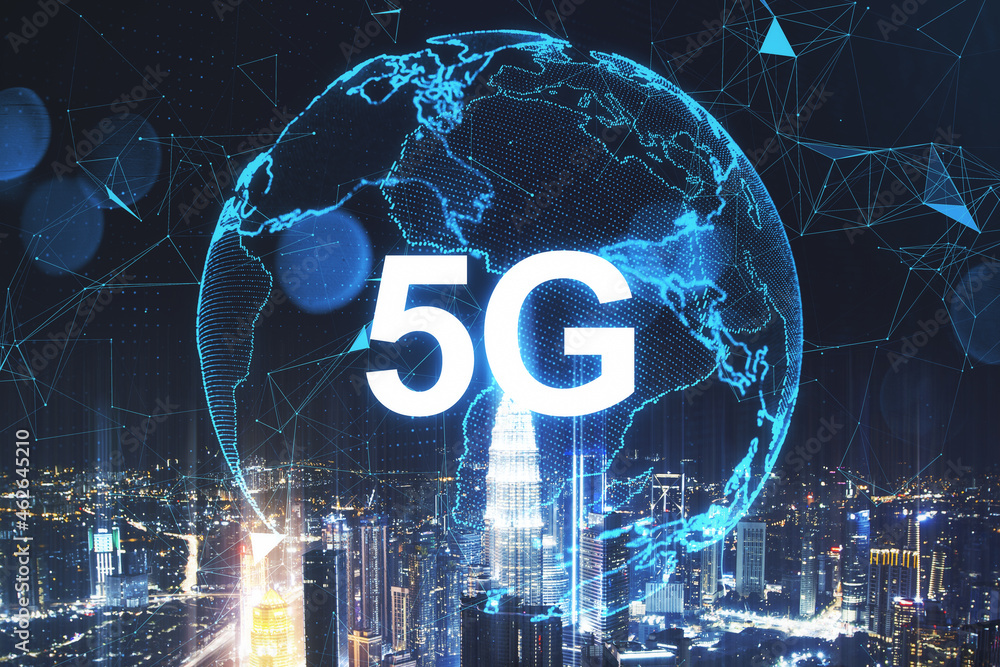 Globe with 5G hologram on blurry night city backdrop. Technology, data ...