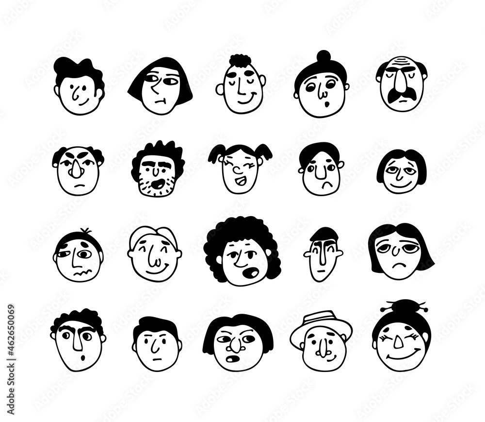 Round abstract comic vector faces with various emotions. Different ...