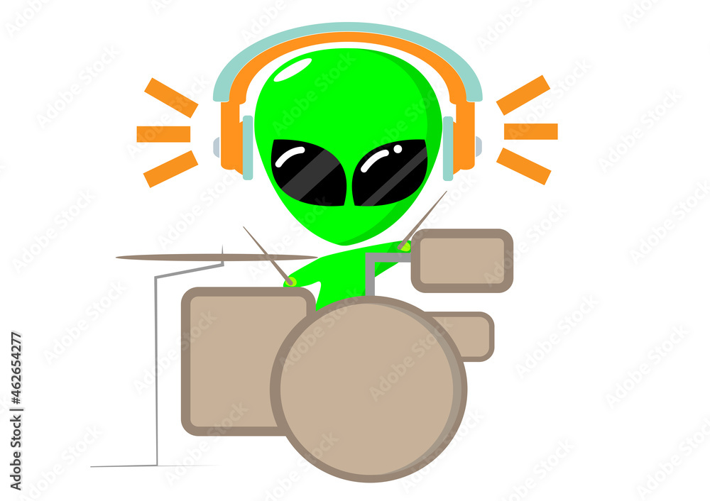 cute alien boy playing acoustic drums while listening music. vector ...