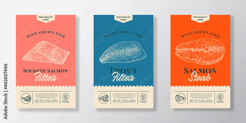 Fish Abstract Vector Packaging Labels Design Set. Modern Typography ...