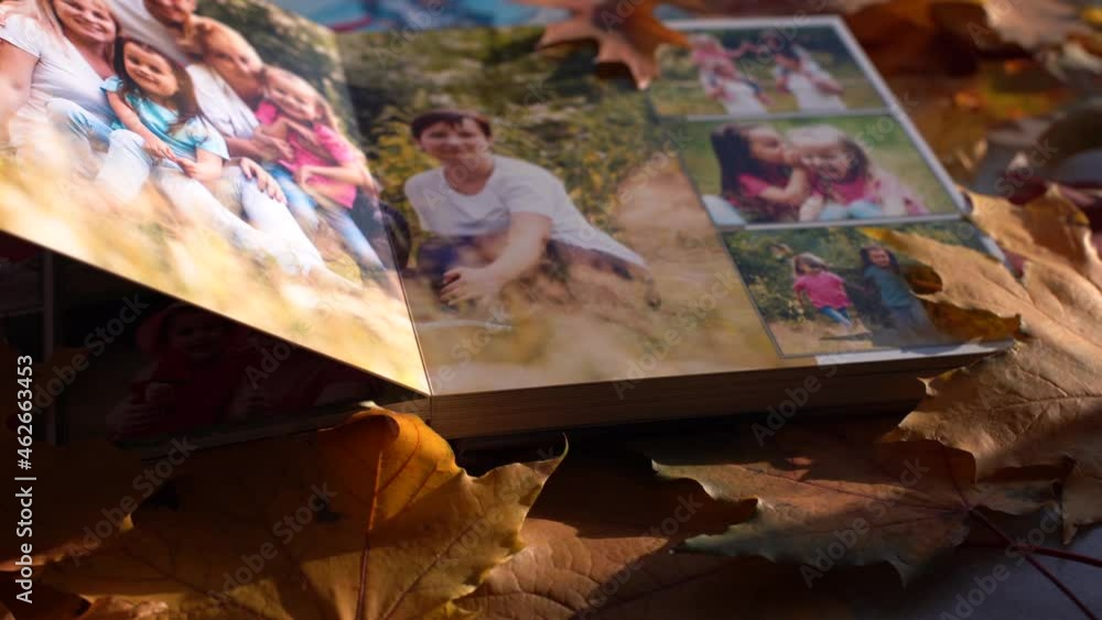 Photobook on the leaves background, closeup of photobook, family photo ...