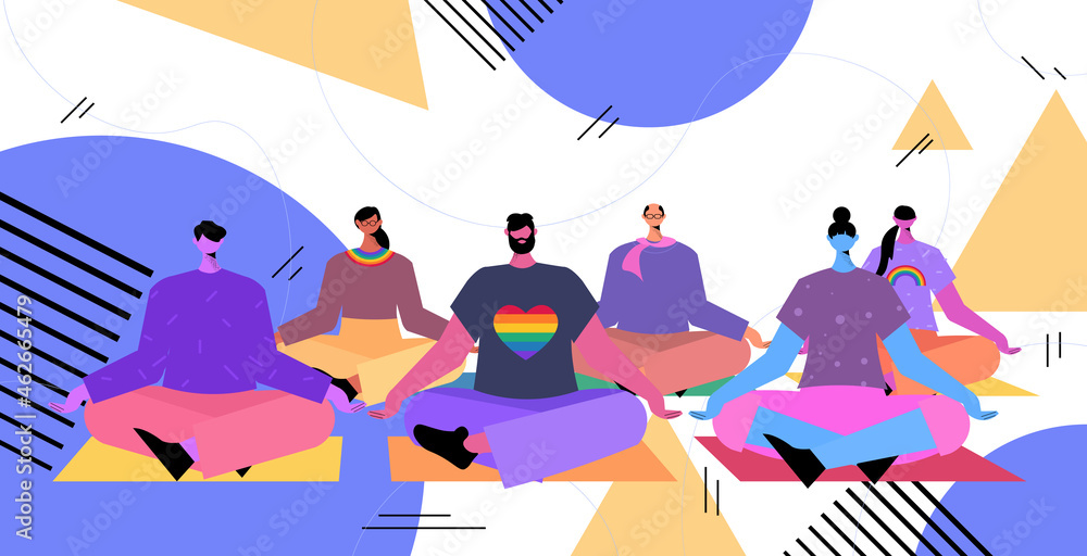 people practicing yoga exercise in lotus pose LGBT parade pride ...