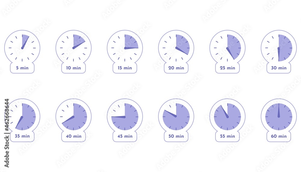 Timer clock Stopwatch 5 minute to 1 hours isolated set icons Label ...