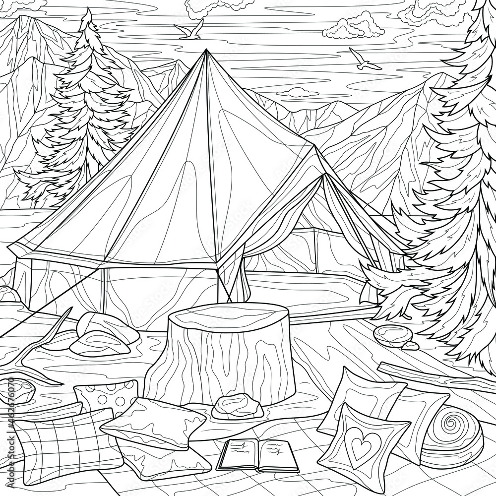 Camping.Tent among mountains and firs.Landscape.Coloring book ...