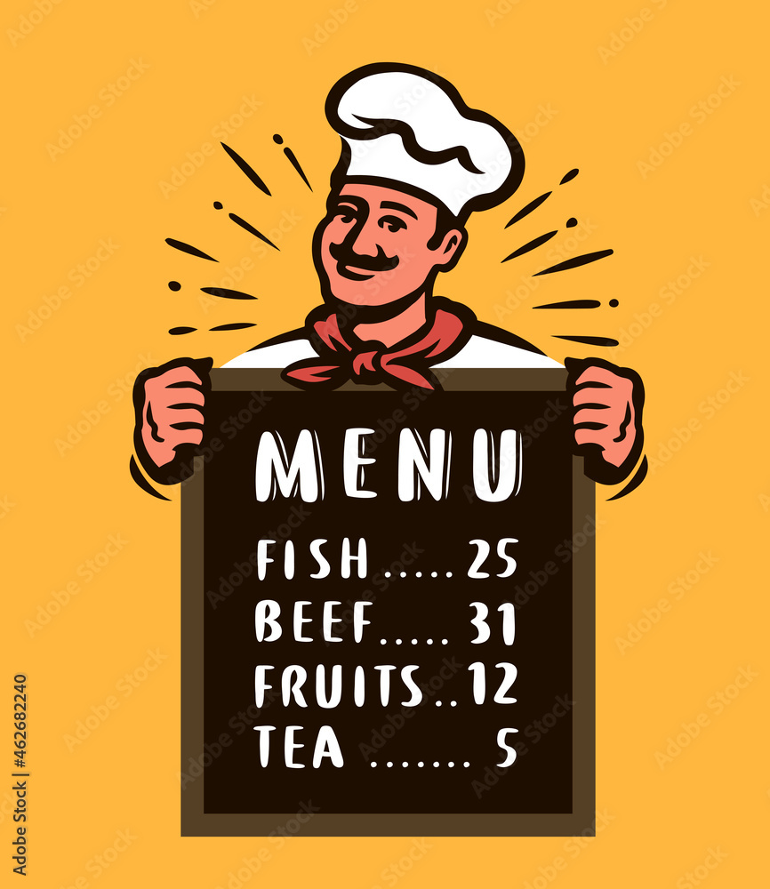 Chef presenting restaurant menu on board. Food concept cartoon vector ...