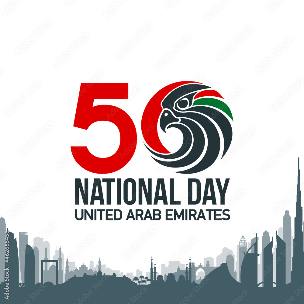 50 UAE National day flat paper style banner with UAE flag. Holiday card ...